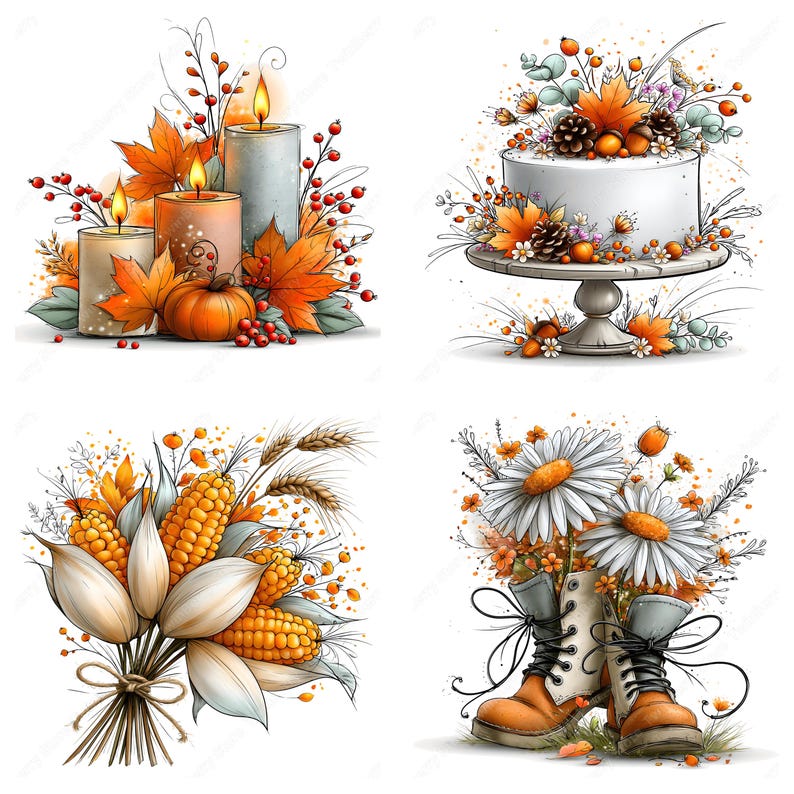 Autumn Clipart PNG, 35 Watercolor Fall Elements With Pumpkins Lanterns ...