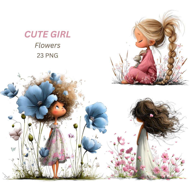 Spring Girls With Flowers PNG, 23 Whimsical Diverse Clipart for ...