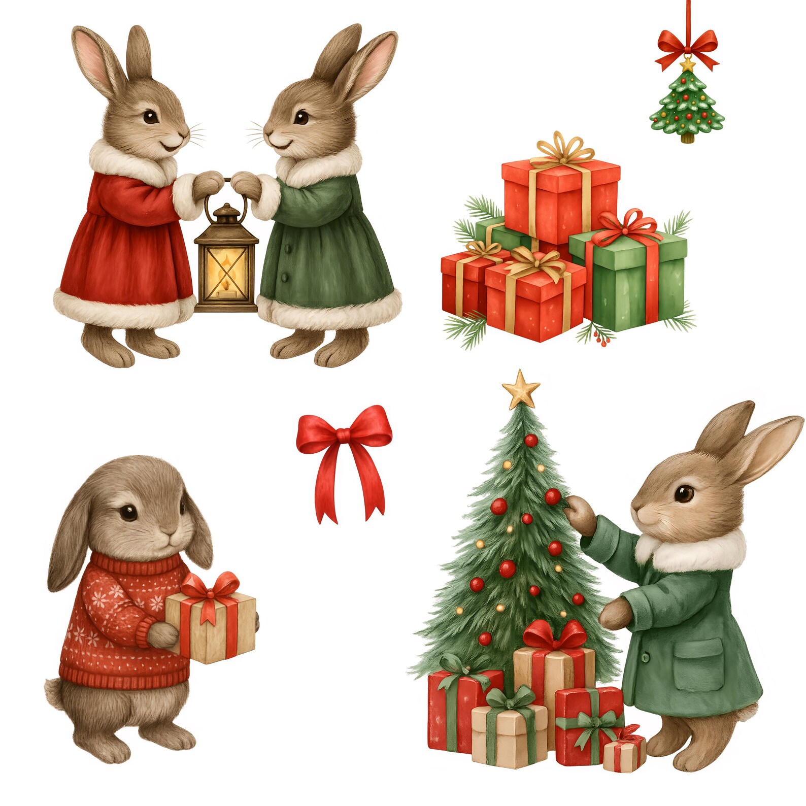 Christmas Bunny Clipart, Watercolor Vintage Holiday Animals (digital ...