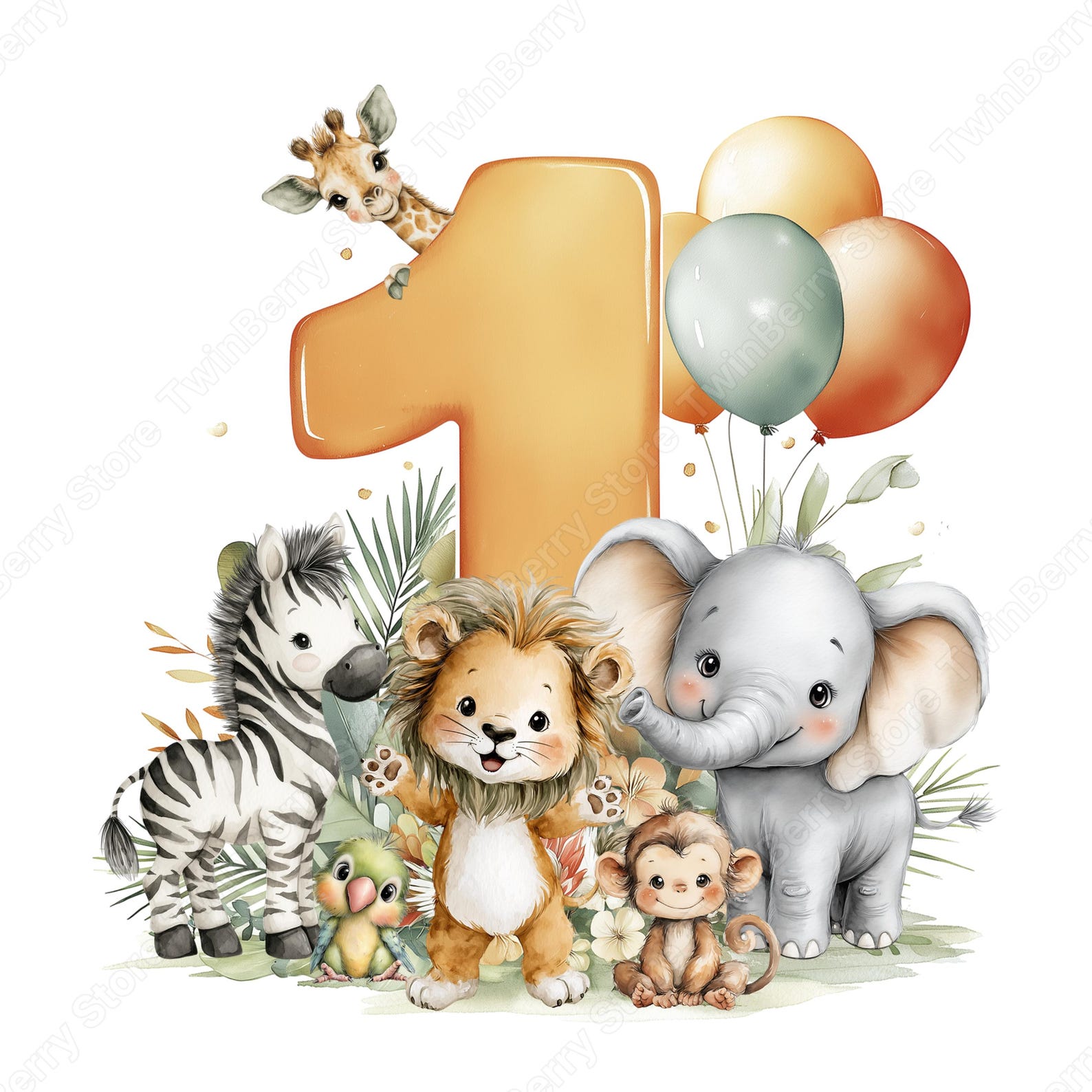 First Birthday PNG, 12 Safari Animals With Number One Clipart Bundle - Etsy