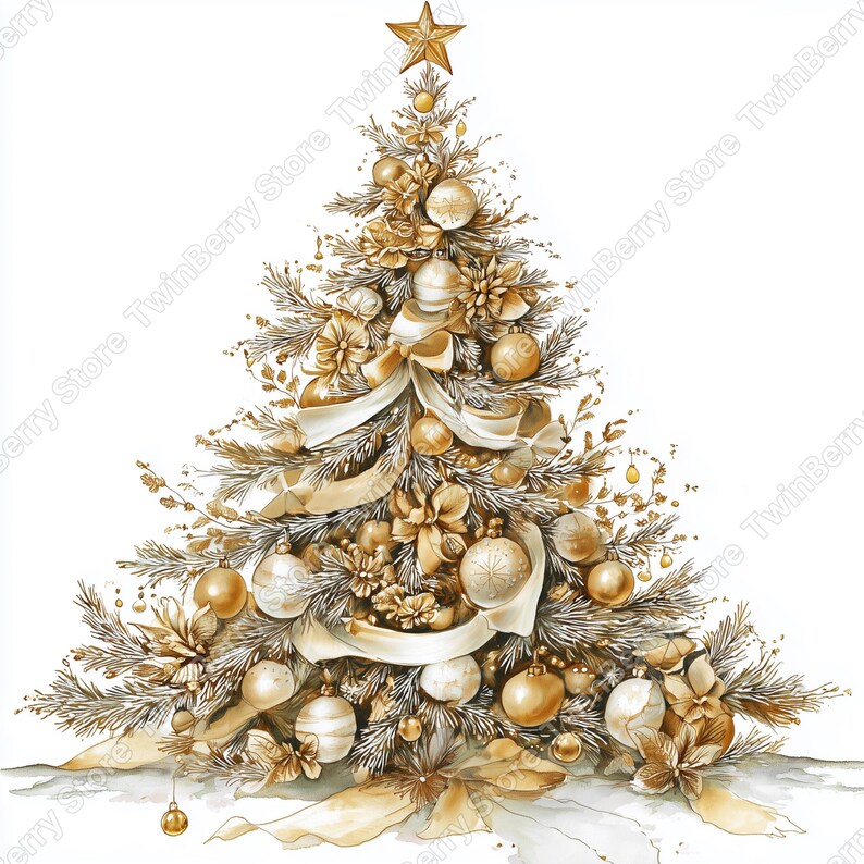 13 Golden Christmas Tree Clipart Bundle, Watercolor Holiday Graphics ...