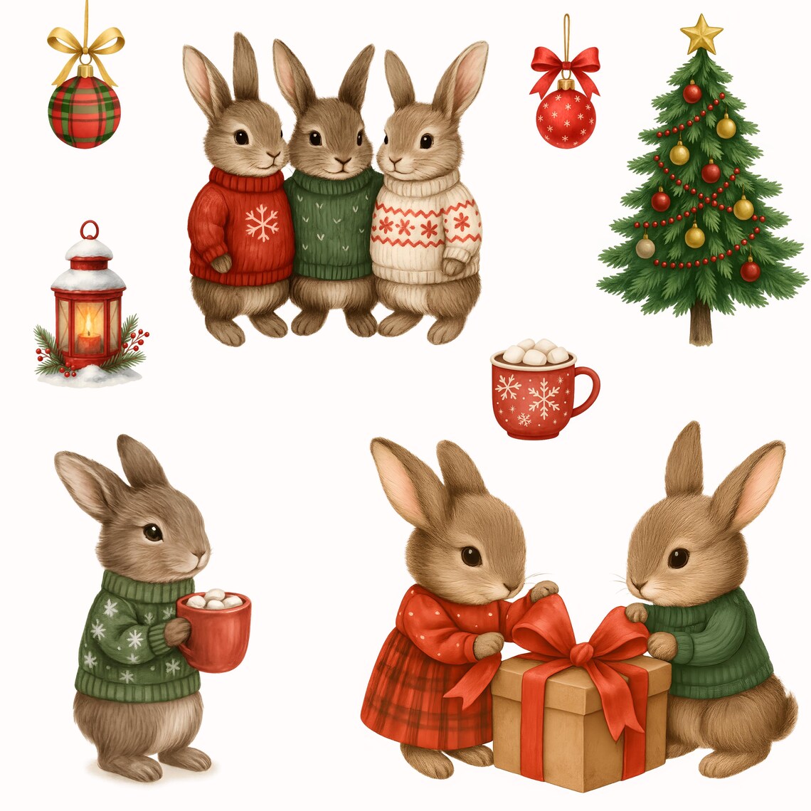 Christmas Bunny Clipart, Watercolor Vintage Holiday Animals (digital ...
