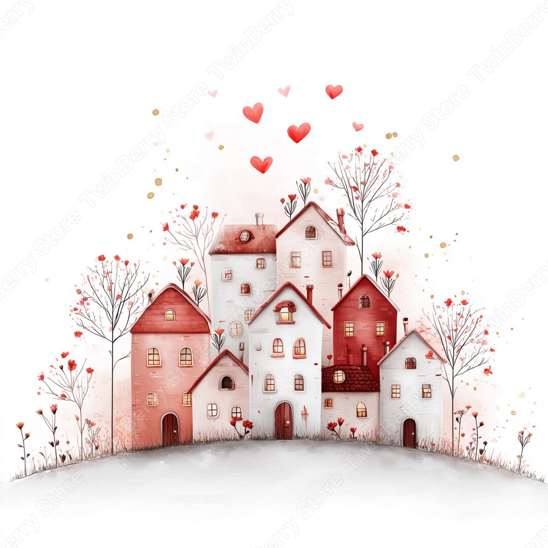 Valentine Village Clipart JPG, 26 Watercolor Valentine Town Scenes Pink ...