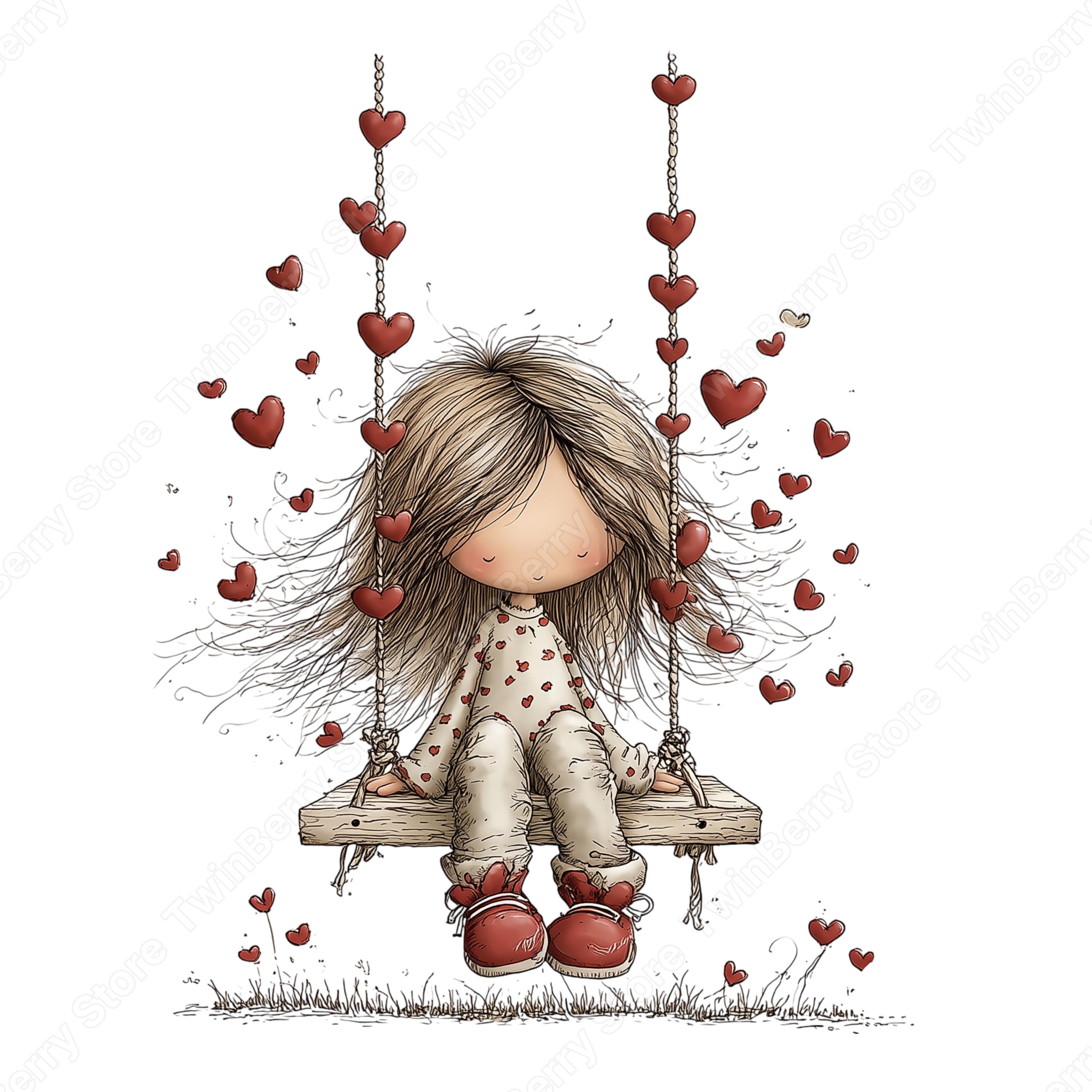 30 Valentine's Day Girl Clipart PNG, Whimsical Little Girl With Hearts ...