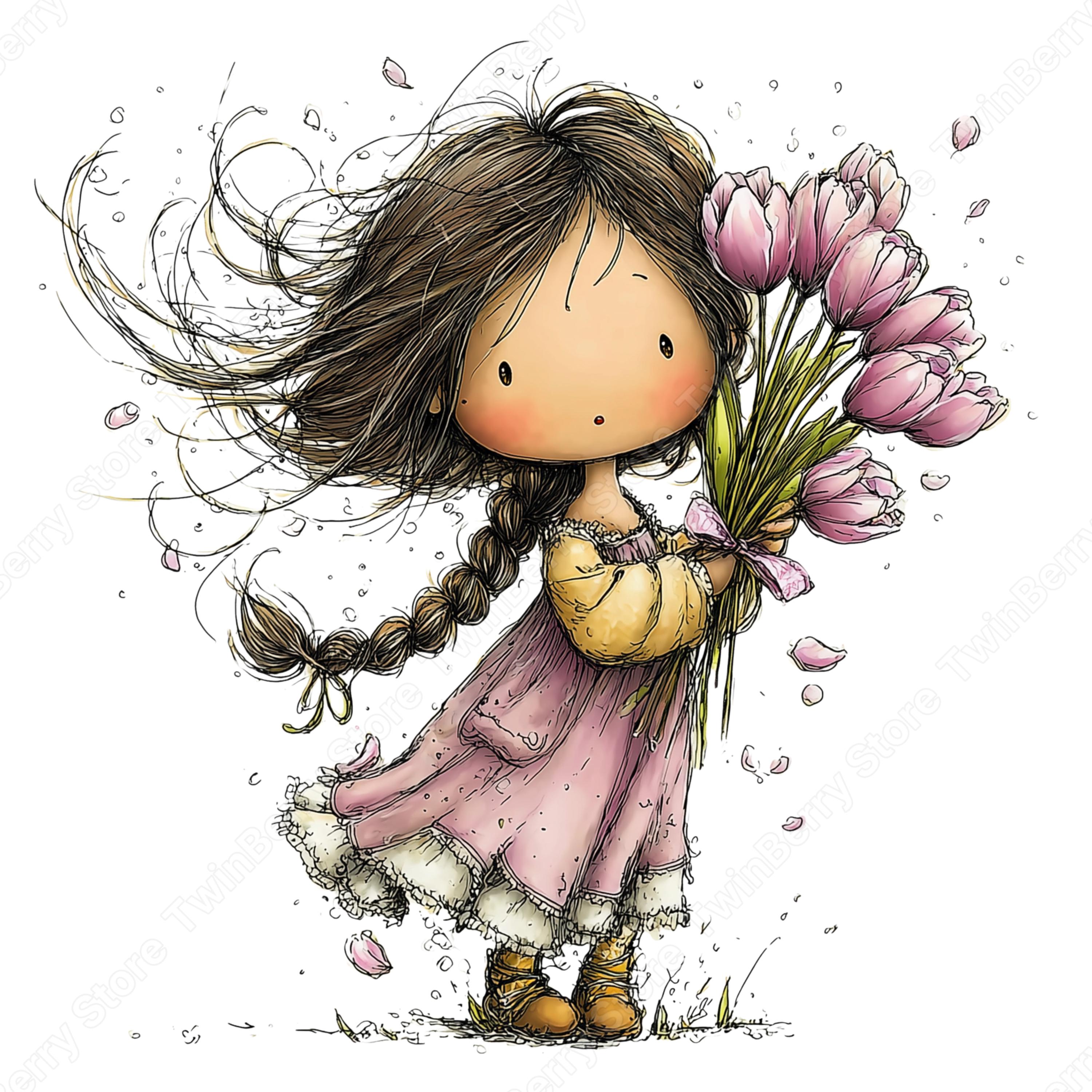 Spring Clipart PNG, 30 Whimsical Girl With Tulips Storybook Graphics ...