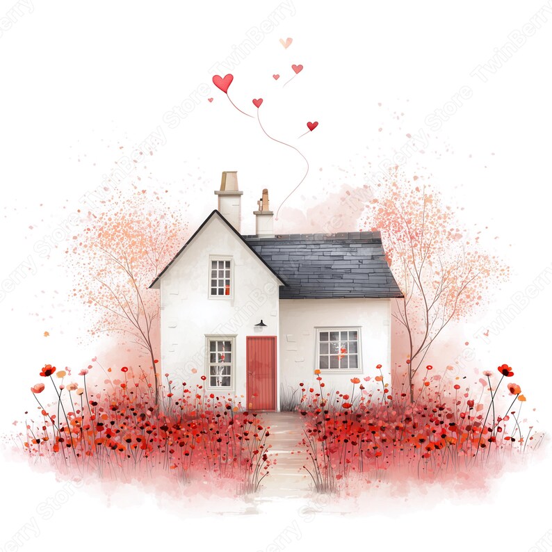 Valentine House Clipart JPG, 25 Romantic Cottages With Pink Hearts ...