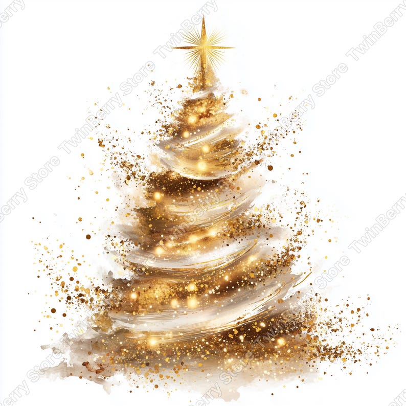 13 Golden Christmas Tree Clipart Bundle, Watercolor Holiday Graphics ...