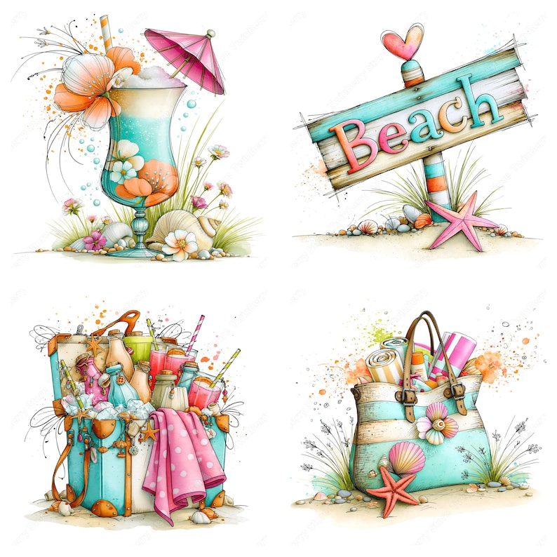 Summer Beach Clipart PNG, 30 Watercolor Tropical Beach Elements for ...