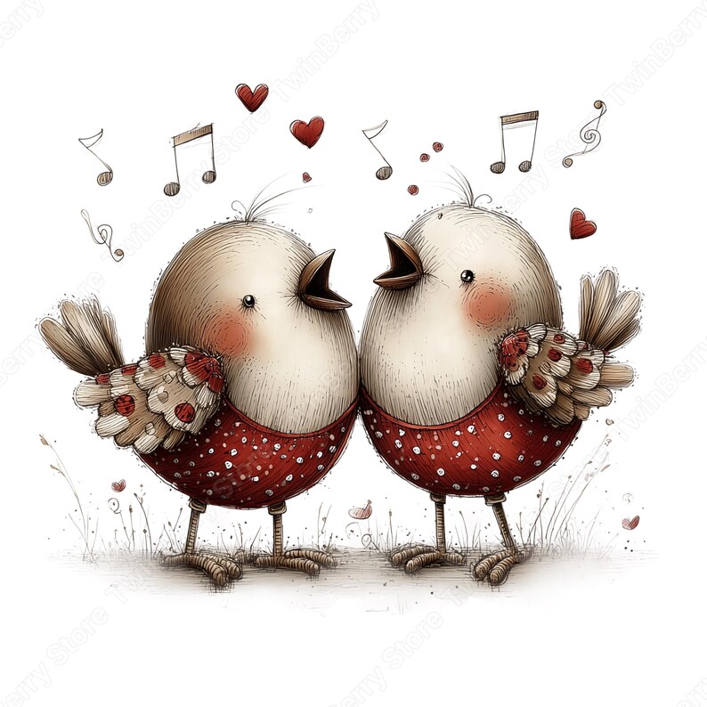 34 Valentine Love Birds Clipart PNG, Whimsical Bird Couples With Hearts ...