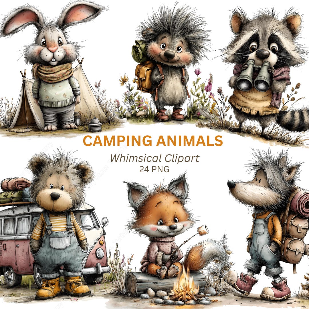 Camping Animals PNG, 24 Watercolor Woodland Adventure Clipart for Cards ...