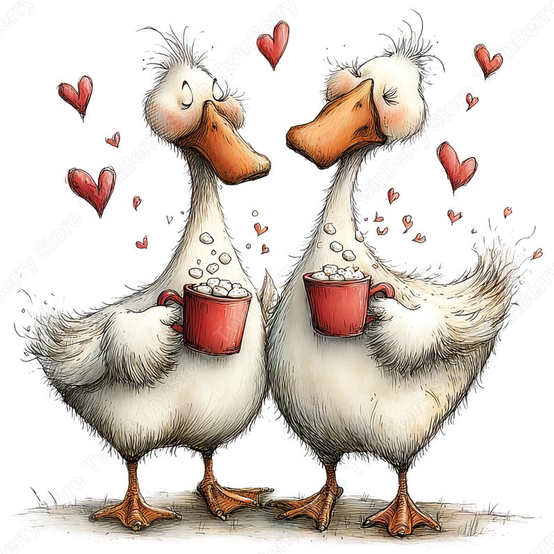 26 Valentine Goose Clipart PNG, Whimsical Love Geese Couples With ...