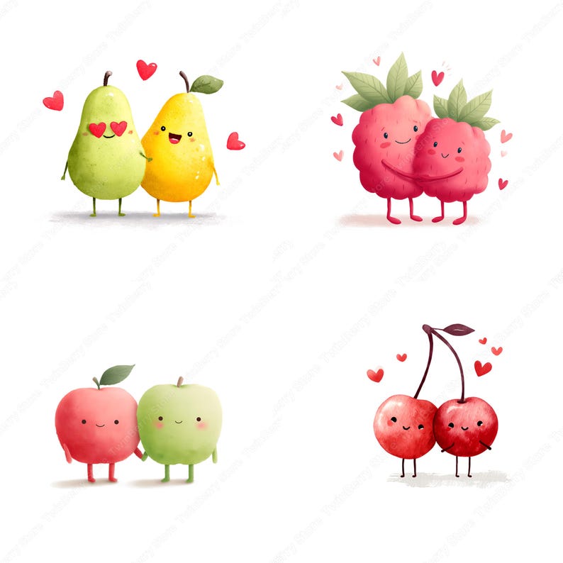 Cute Fruit Clipart PNG, 18 Watercolor Fruit Couple Illustrations for ...