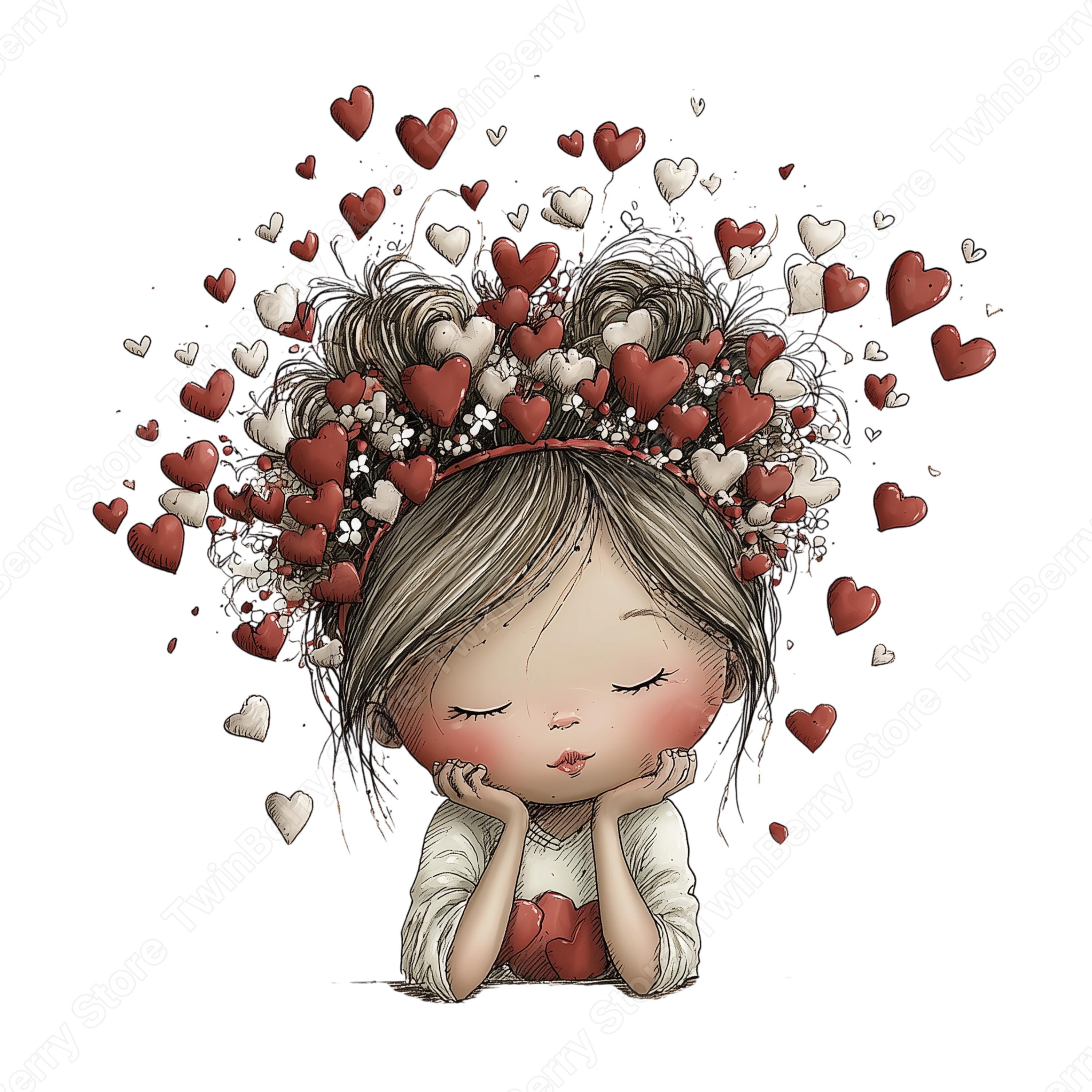 30 Valentine's Day Girl Clipart PNG, Whimsical Little Girl With Hearts ...
