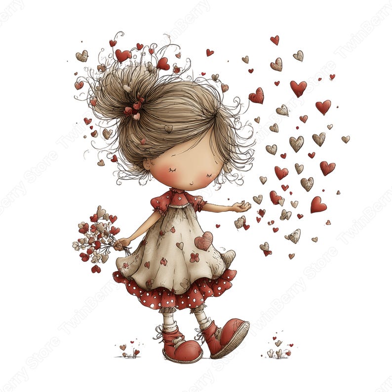 30 Valentine's Day Girl Clipart PNG, Whimsical Little Girl With Hearts ...