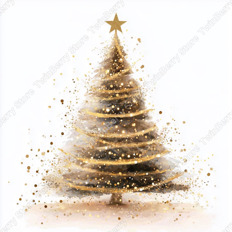 13 Golden Christmas Tree Clipart Bundle, Watercolor Holiday Graphics ...