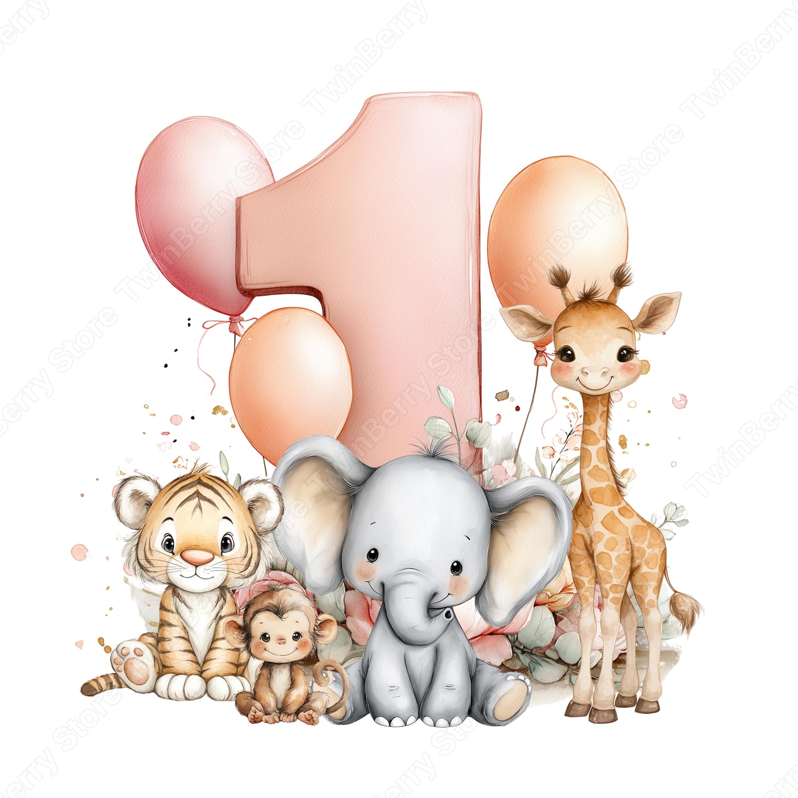 First Birthday PNG, 12 Safari Animals With Number One Clipart Bundle - Etsy