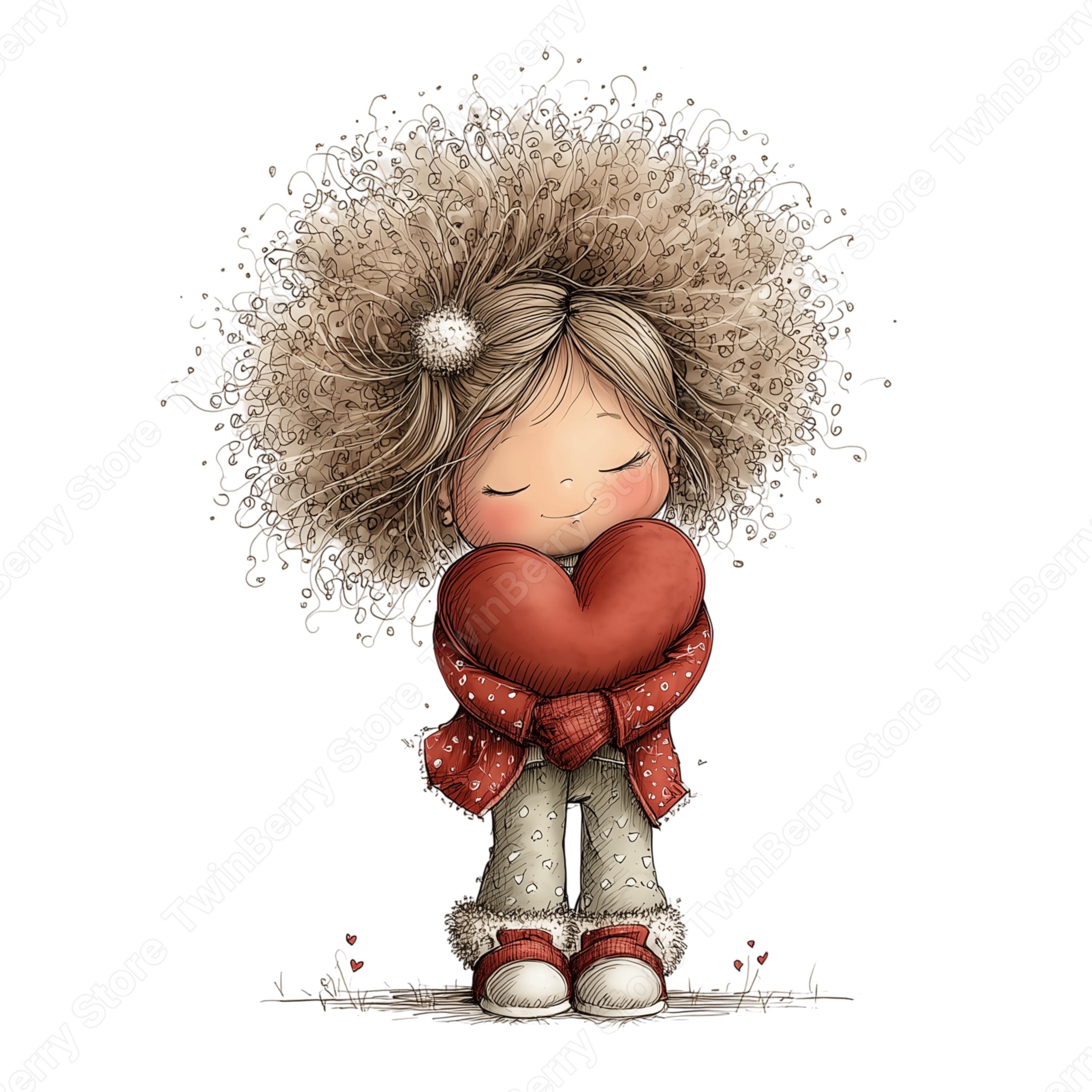 30 Valentine's Day Girl Clipart PNG, Whimsical Little Girl With Hearts ...
