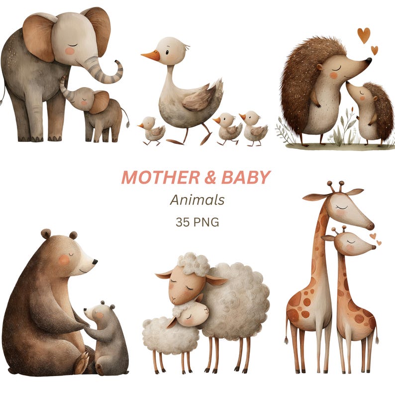 Mother and Baby Animals PNG, 35 Whimsical Clipart for Baby Shower ...