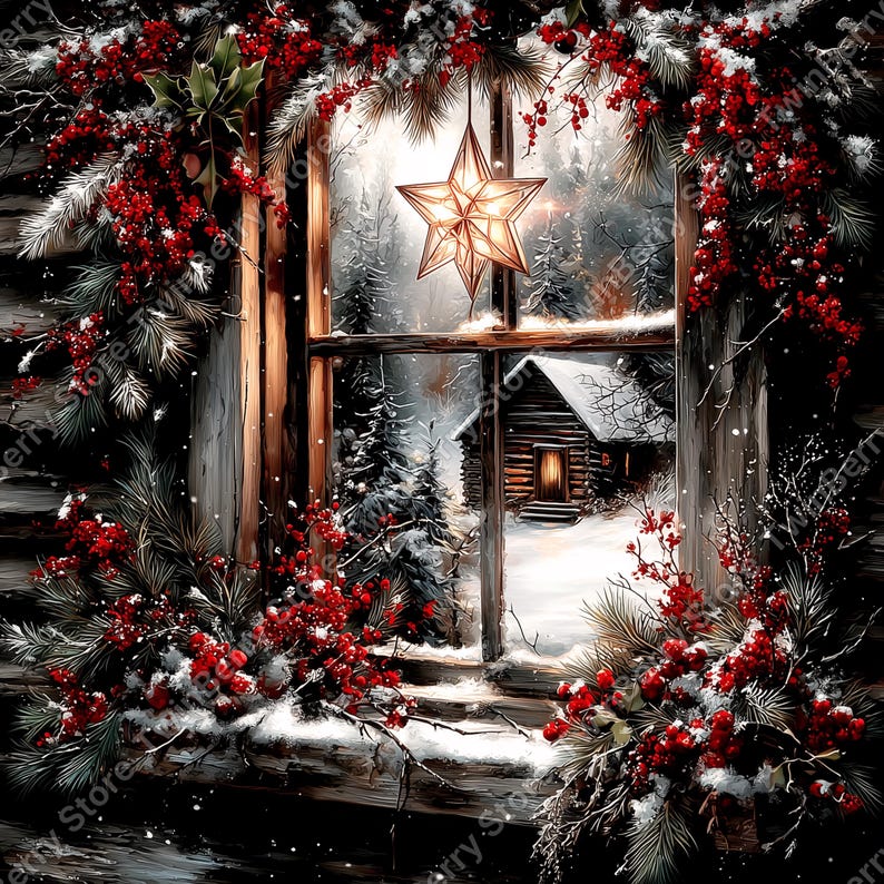 Watercolor Christmas Window Clipart, Vintage Winter Scene (digital ...