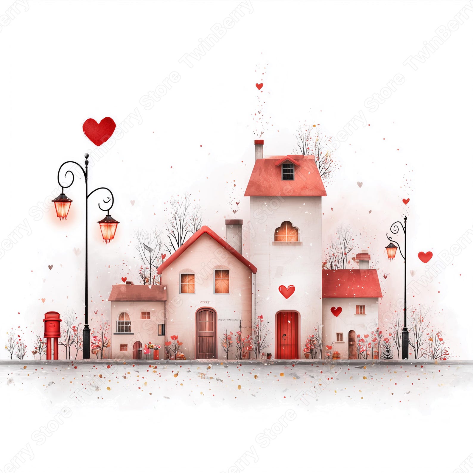 Valentine Village Clipart JPG, 26 Watercolor Valentine Town Scenes Pink ...