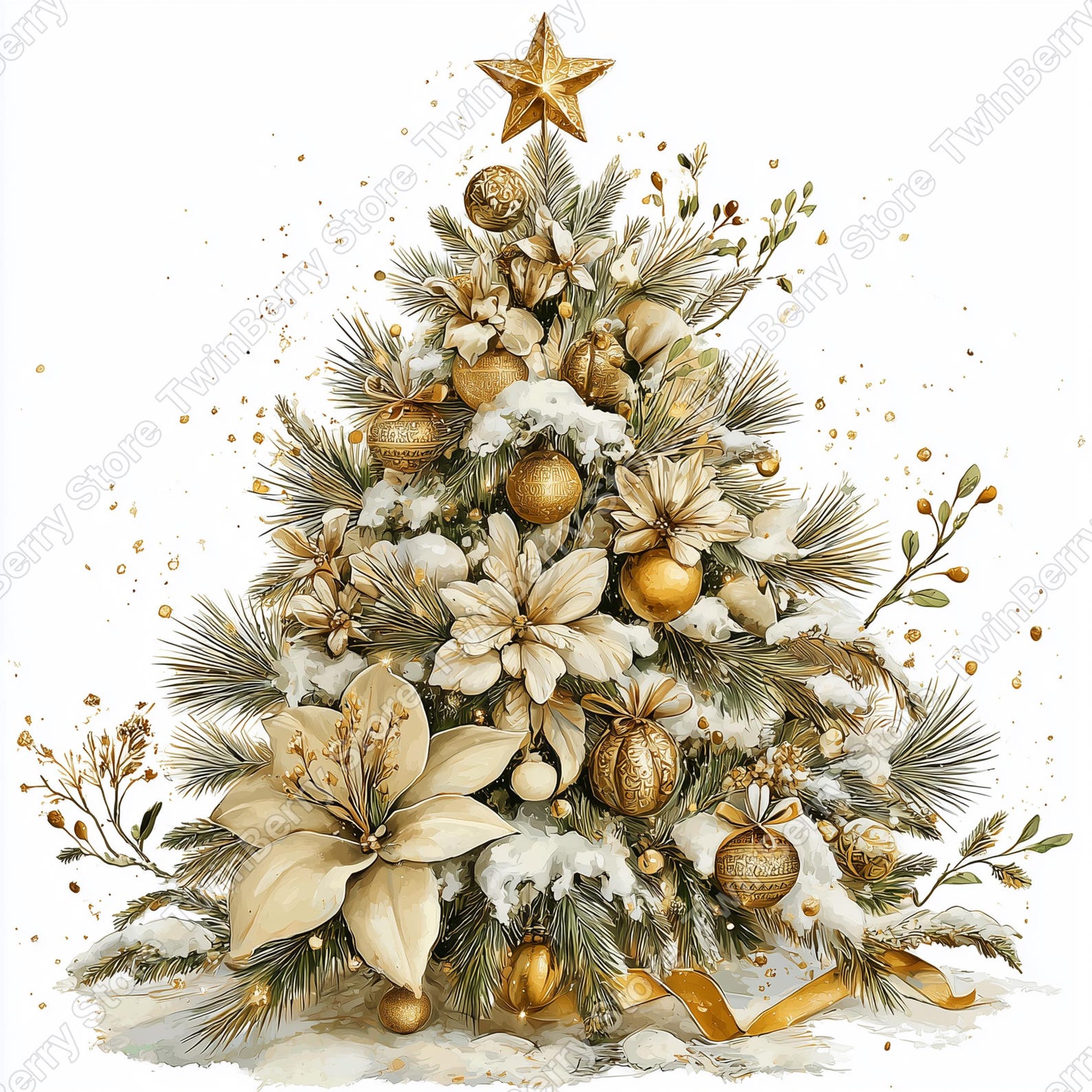 13 Golden Christmas Tree Clipart Bundle, Watercolor Holiday Graphics ...