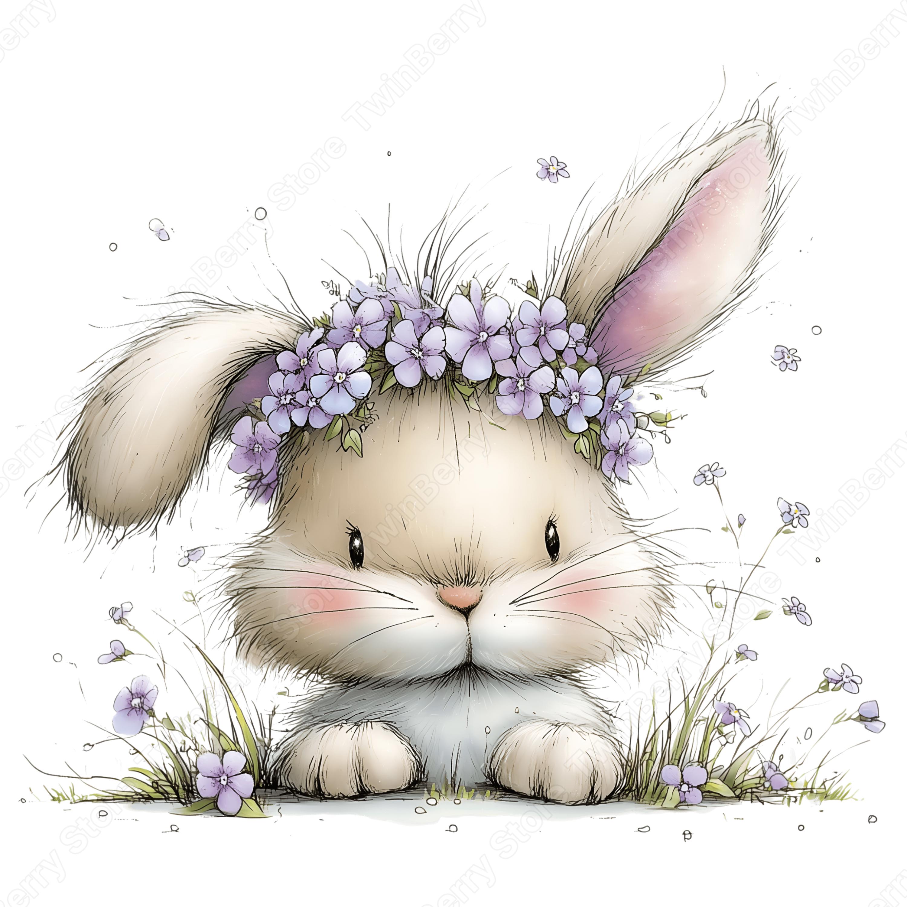 Spring Bunny PNG, 20 Whimsical Rabbit Clipart With Flower Crowns for ...