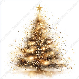 13 Golden Christmas Tree Clipart Bundle, Watercolor Holiday Graphics ...