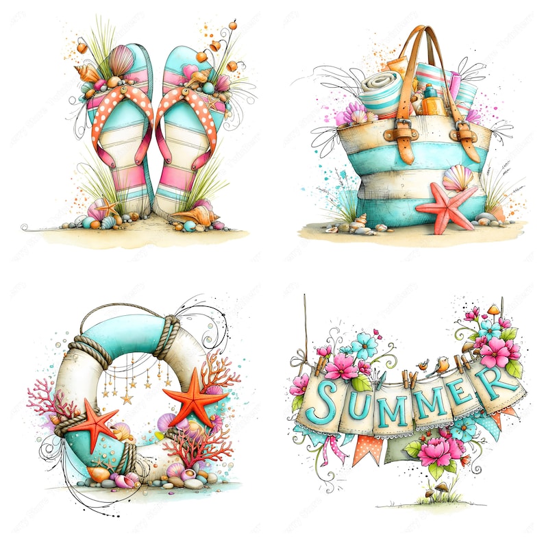 Summer Beach Clipart PNG, 30 Watercolor Tropical Beach Elements for ...