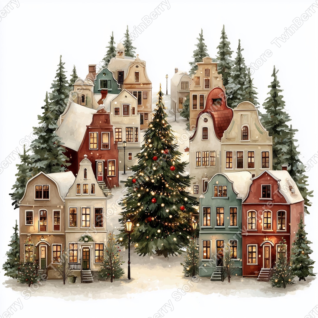 15 Christmas Village Clipart Bundle, Watercolor Holiday Winter Scene ...