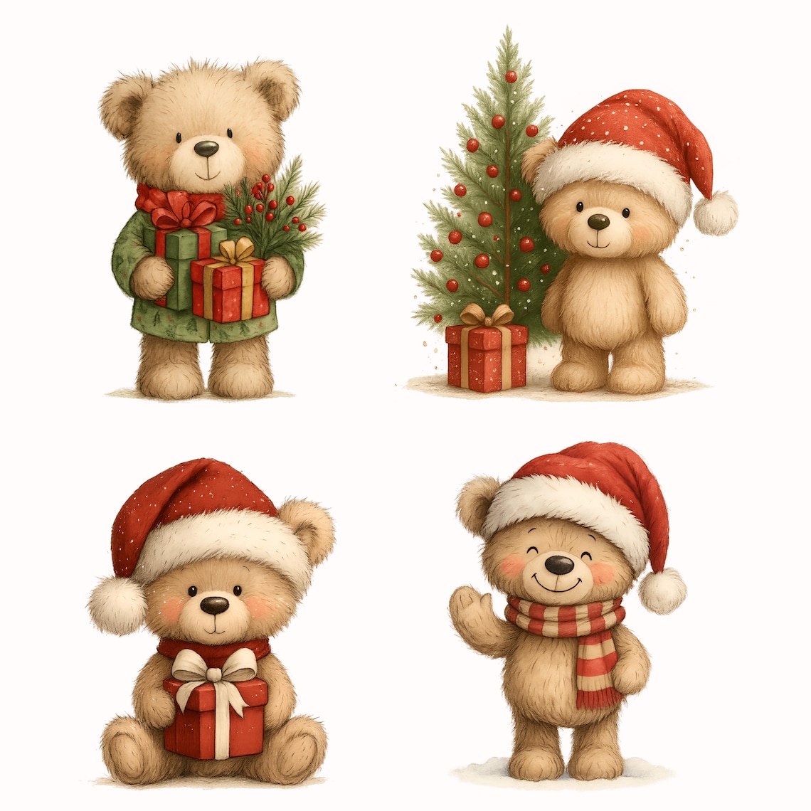 Christmas Teddy Bears Watercolor Clipart - Festive Holiday Graphics ...