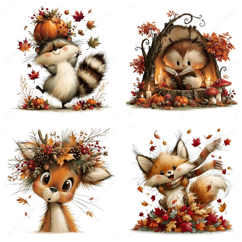 Autumn Woodland Clipart PNG, 32 Cozy Fall Animals With Leaves and ...
