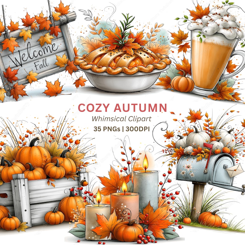 Autumn Clipart PNG, 35 Watercolor Fall Elements With Pumpkins Lanterns ...