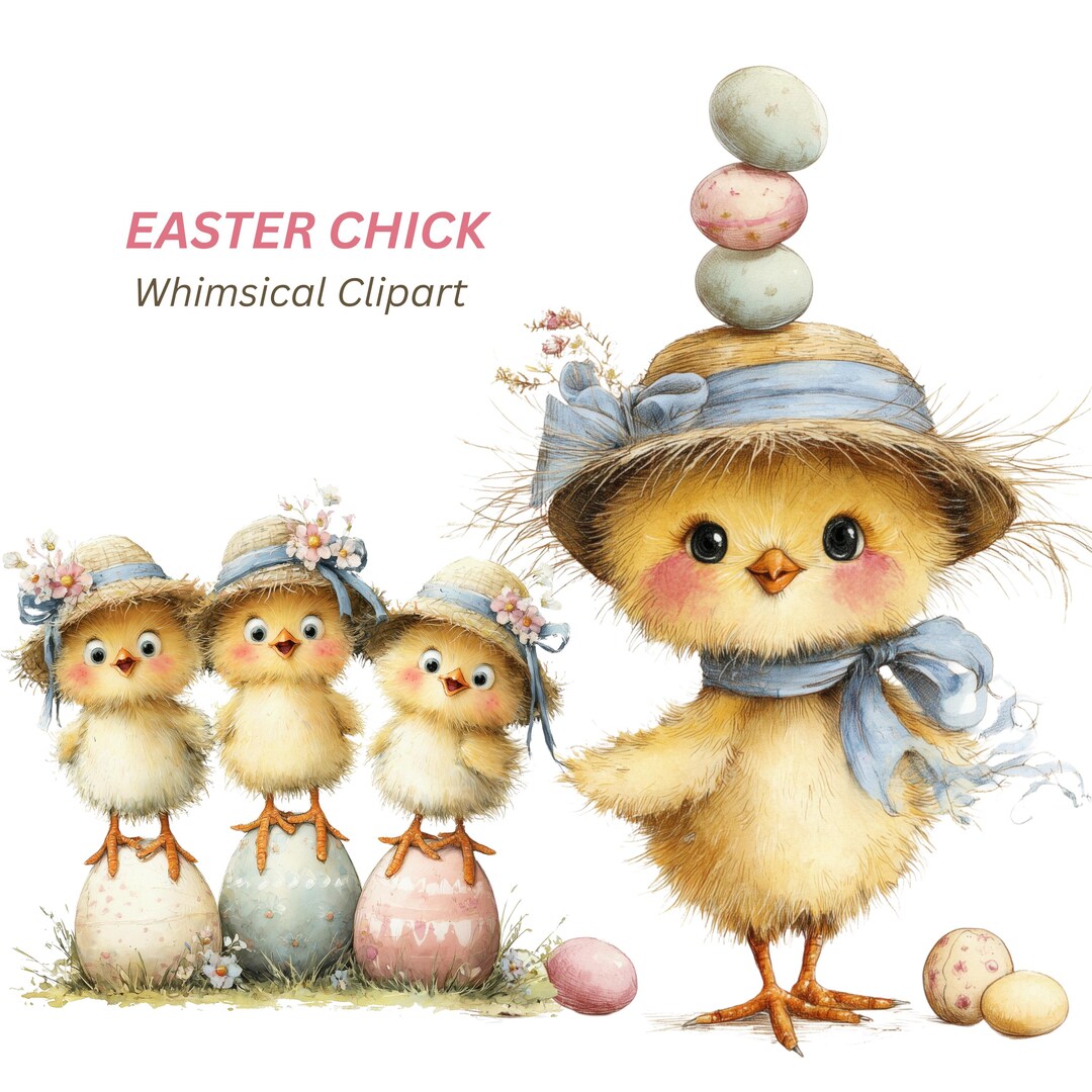 Easter Chick Clipart, Fluffy Baby Chicks With Straw Hats (JPG Digital ...