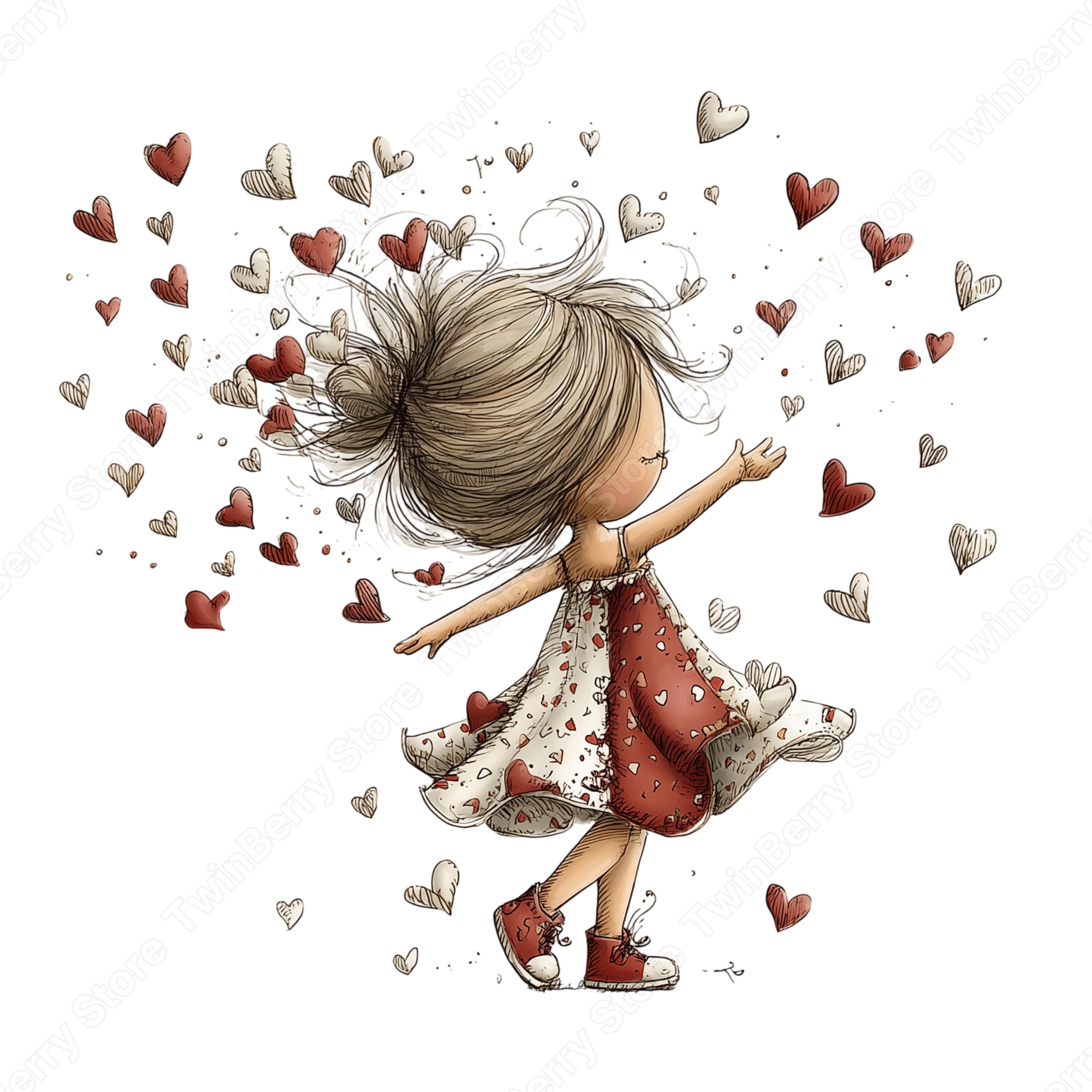 30 Valentine's Day Girl Clipart PNG, Whimsical Little Girl With Hearts ...