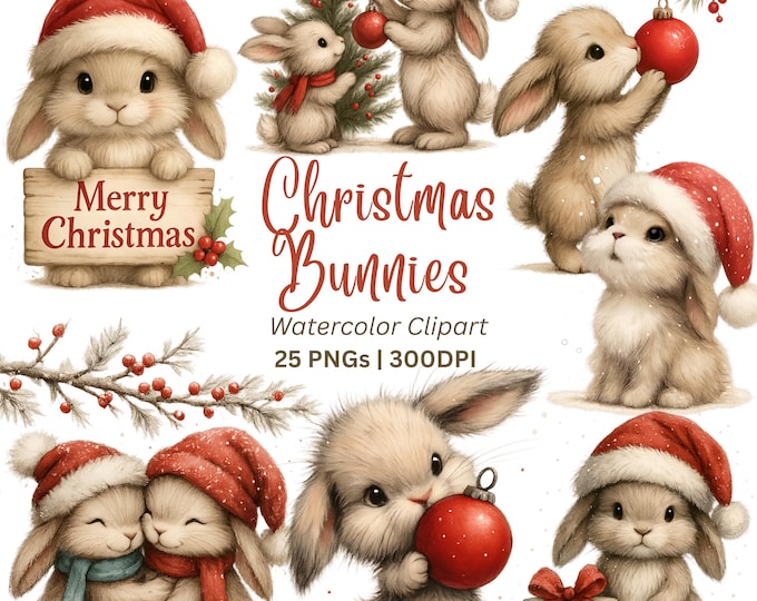 Christmas Bunny Clipart – Whimsical Watercolor Illustrations – Cute ...