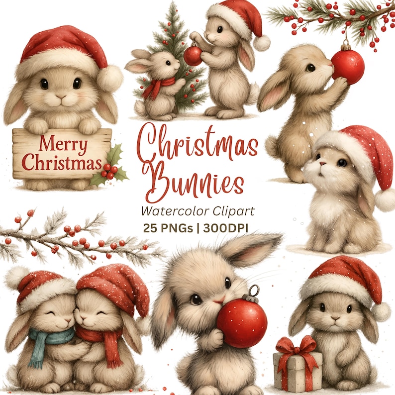 Cute Christmas Bunny Clipart - Watercolor Illustrations for Christmas ...