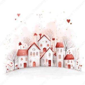 Valentine Village Clipart JPG, 26 Watercolor Valentine Town Scenes Pink ...