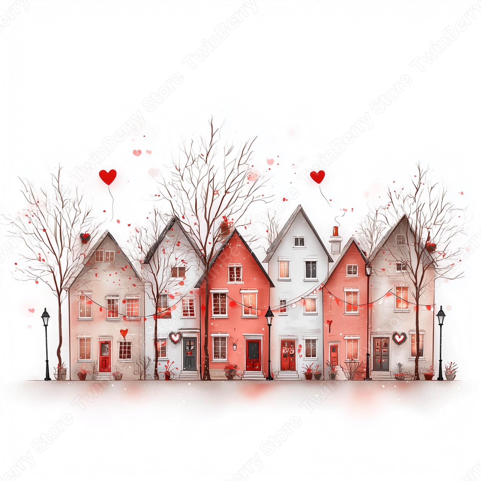 Valentine Village Clipart JPG, 26 Watercolor Valentine Town Scenes Pink ...