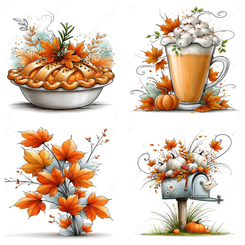 Autumn Clipart PNG, 35 Watercolor Fall Elements With Pumpkins Lanterns ...