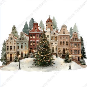 15 Christmas Village Clipart Bundle, Watercolor Holiday Winter Scene ...