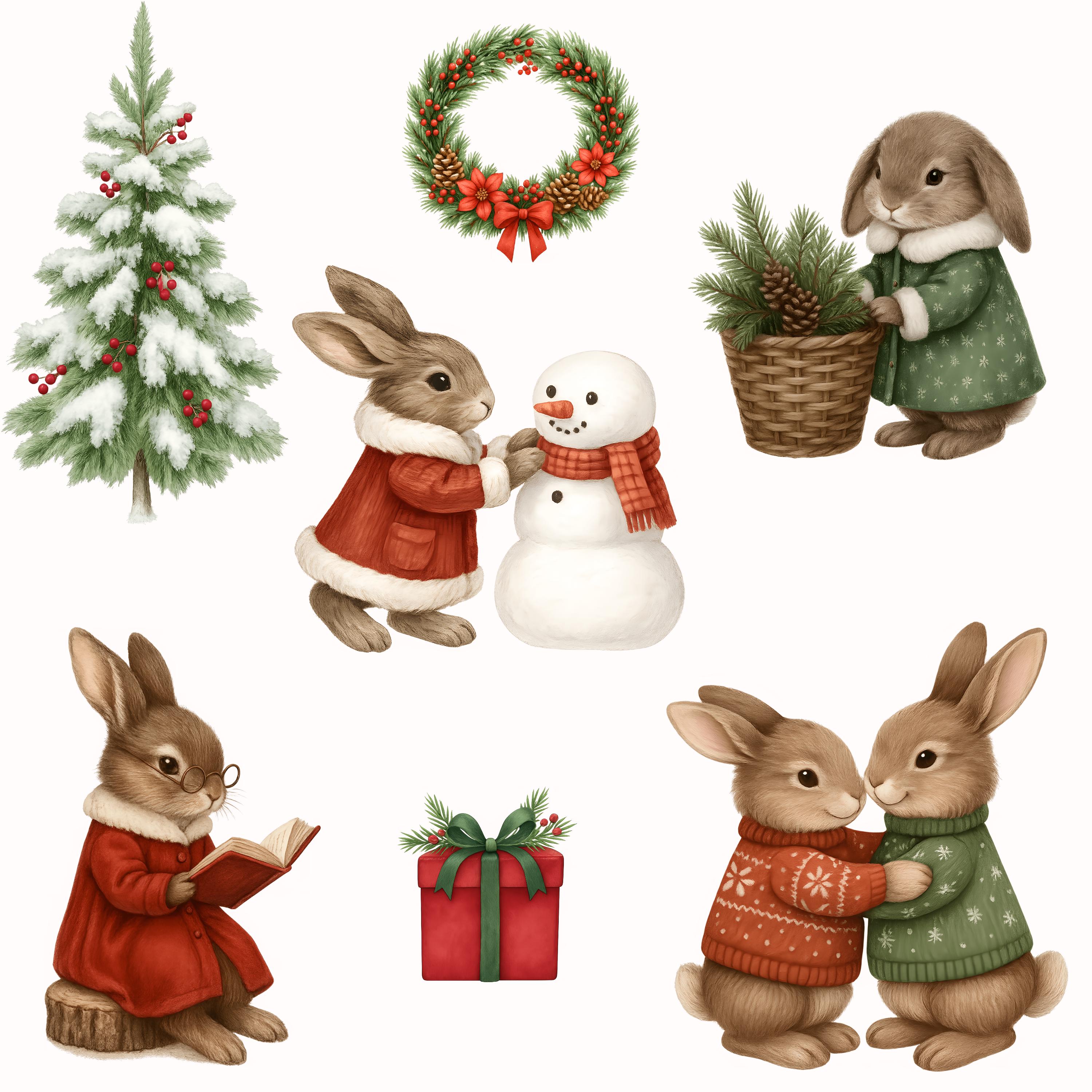 Christmas Bunny Clipart, Watercolor Vintage Holiday Animals (digital ...