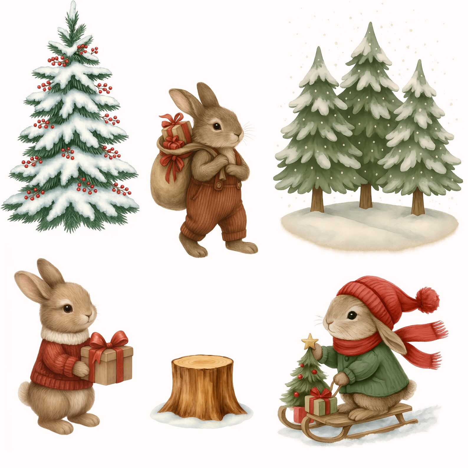 Christmas Bunny Clipart, Watercolor Vintage Holiday Animals (digital ...
