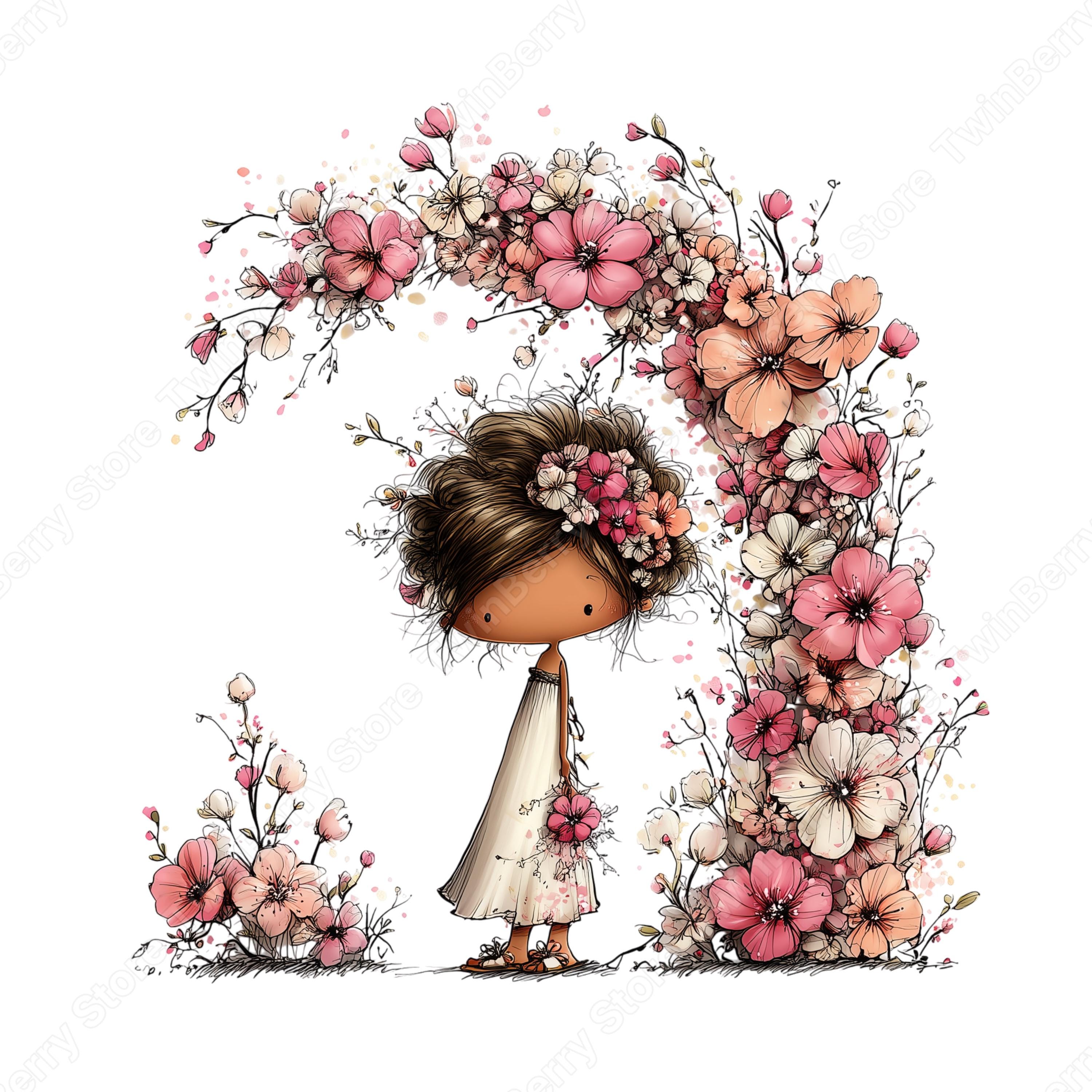 Spring Clipart PNG, 30 Whimsical Girl With Flowers Graphics Bundle - Etsy