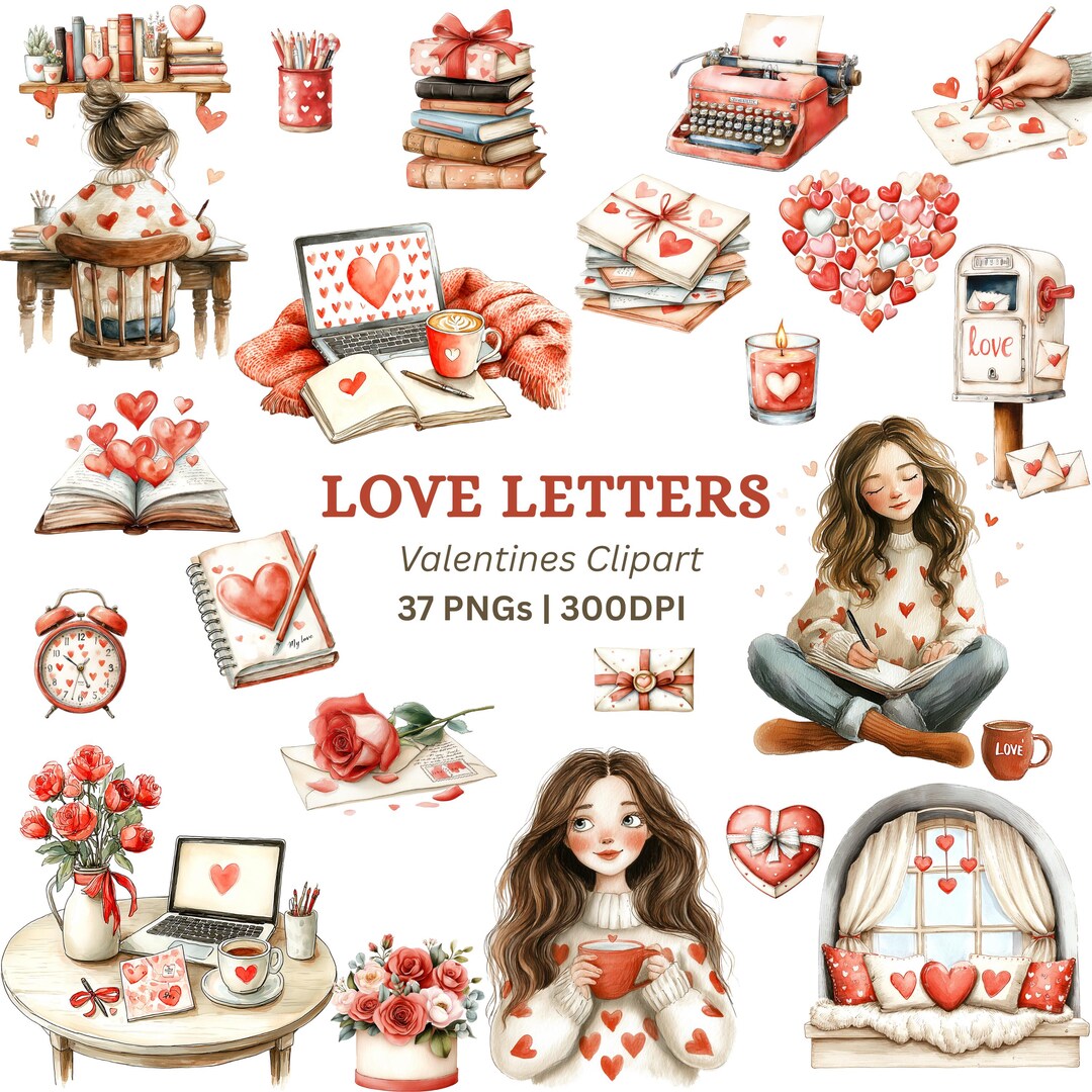 Valentine PNG, 37 Cozy Love Letter and Heart Elements Watercolor ...