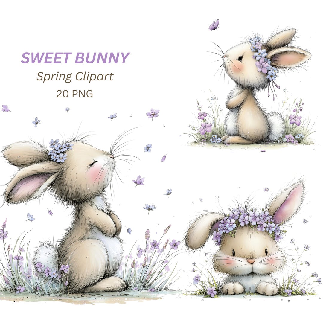Spring Bunny PNG, 20 Whimsical Rabbit Clipart With Flower Crowns for ...