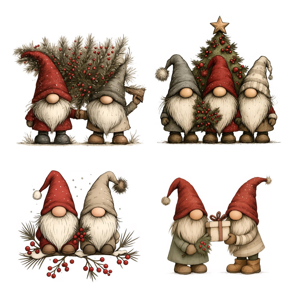 Christmas Gnomes Clipart - Festive Holiday Watercolor Graphics (digital ...