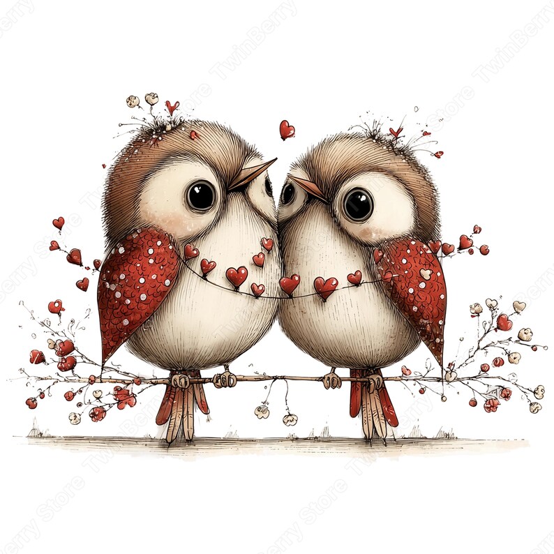 34 Valentine Love Birds Clipart PNG, Whimsical Bird Couples With Hearts ...