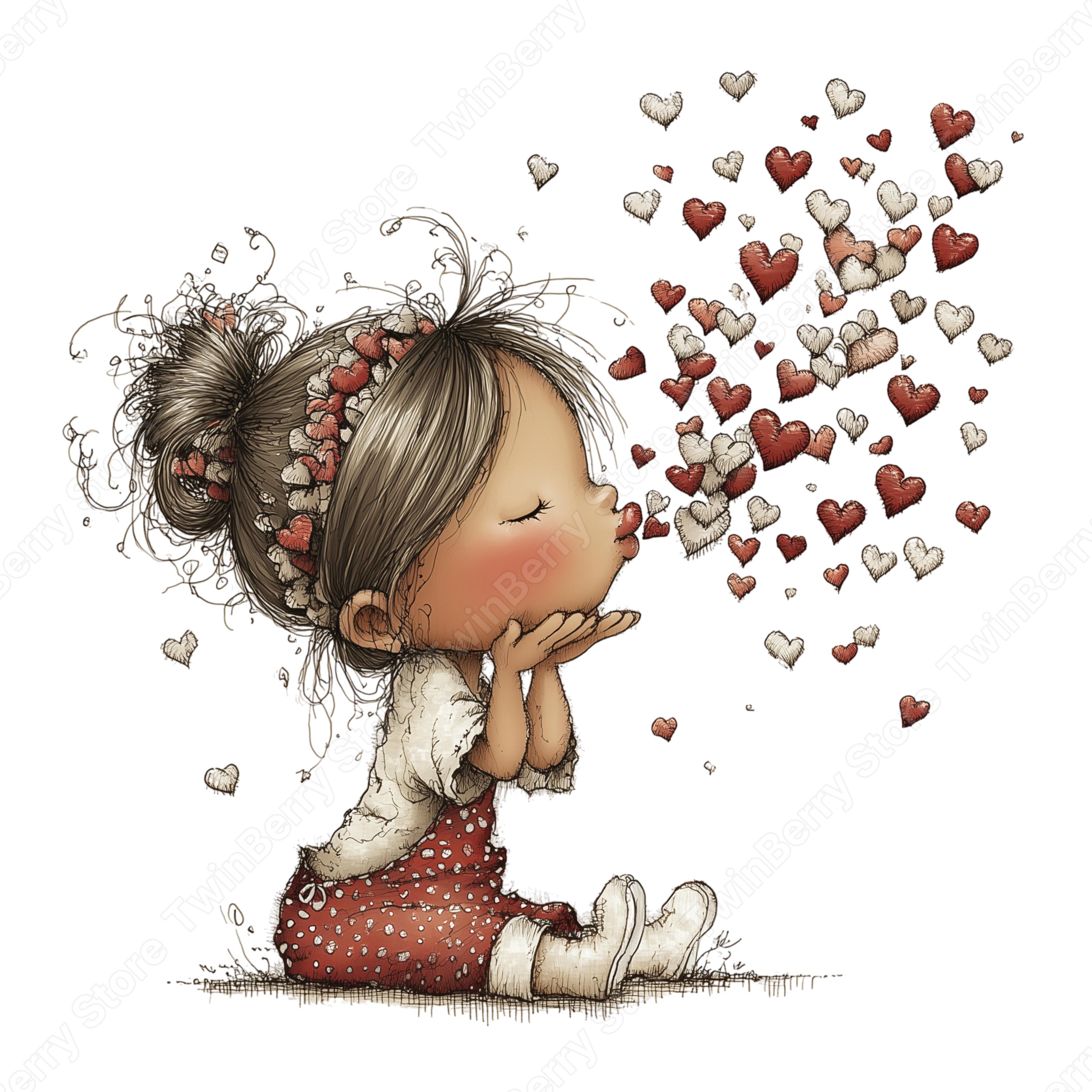 30 Valentine's Day Girl Clipart PNG, Whimsical Little Girl With Hearts ...
