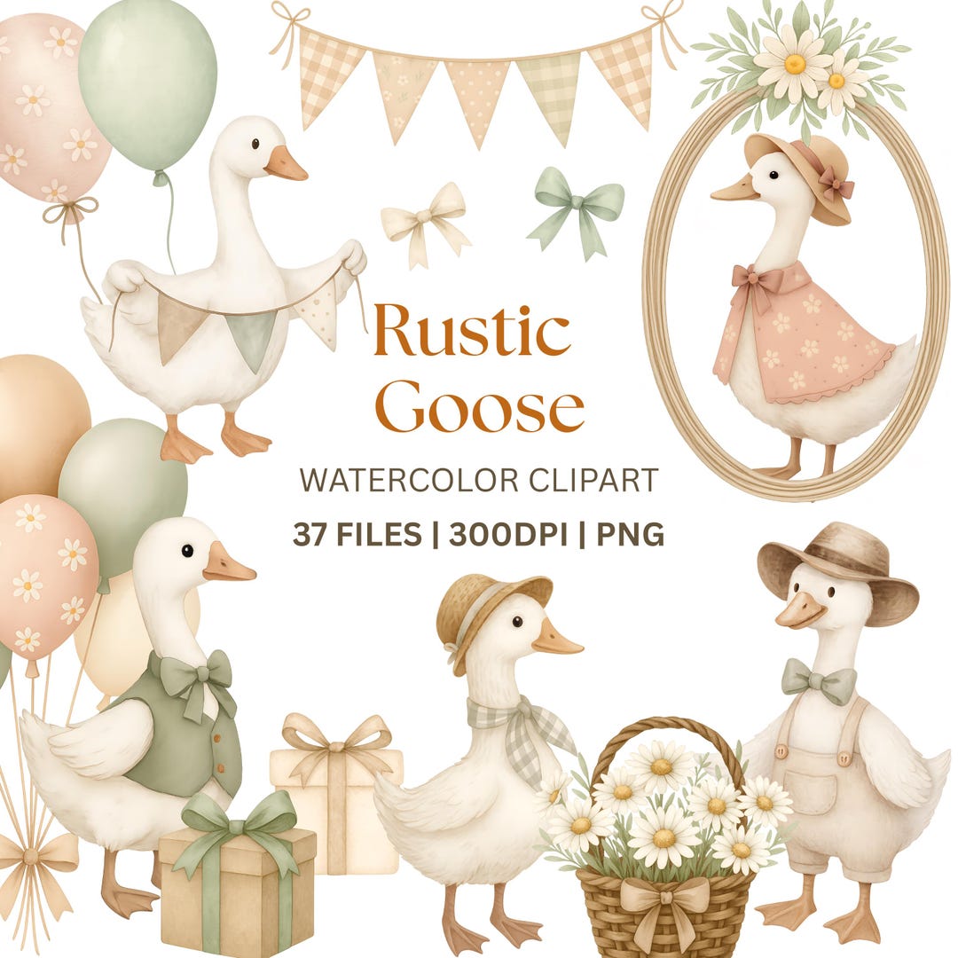 Watercolor Rustic Goose Clipart - 37 Cute Silly Goose PNG - Boho ...