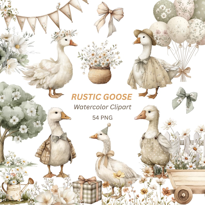 Rustic Goose PNG, 54 Farmhouse Clipart With Daisies Bows Wreaths for ...